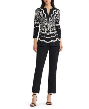 Ming Wang Feminine Soft Jacquard Knit Tunic - Black/ivory