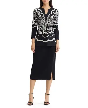 Ming Wang Feminine Soft Jacquard Knit Tunic - Black/ivory