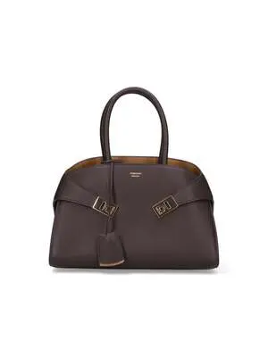 FERRAGAMO Italian Calf Leather Shoulder Bag - Brown