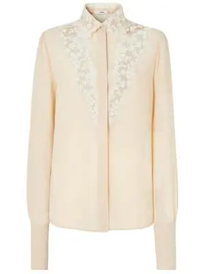 FENDI FENDI Beige Slim-Fit Silk Shirt With Peony Lace V-Insert Detailing And Hidden-Button Front