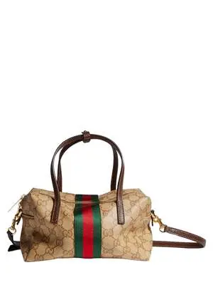 Gucci Boston Mini Handbag With Web Detail, Adjustable Removable Strap, Gg Canvas - Beige