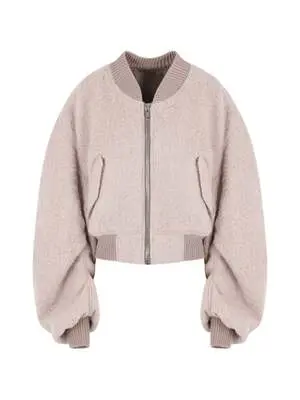 Rick Owens Ruched Sleeve Cropped Wool Bomber Jacket With Elasticized Hem And Cuffs - Pink