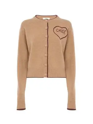 Chloé Ribbed Trim Logo Knit Cardigan In Wool And Cashmere - Brown