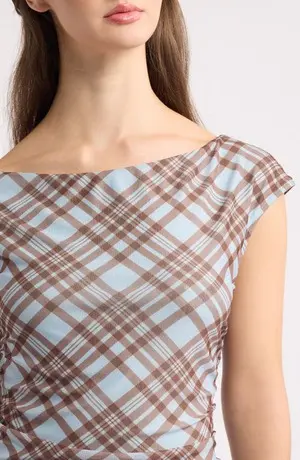 PETAL & PUP Clea Off The Shoulder Mesh Midi Dress - Blue Plaid
