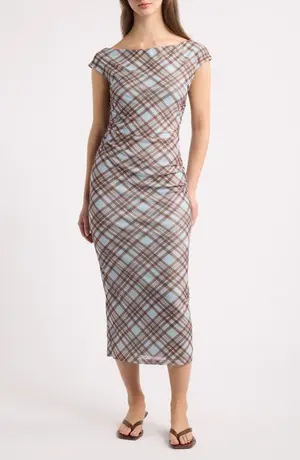PETAL & PUP Clea Off The Shoulder Mesh Midi Dress - Blue Plaid
