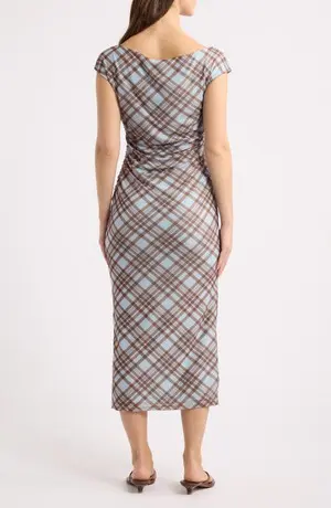 PETAL & PUP Clea Off The Shoulder Mesh Midi Dress - Blue Plaid