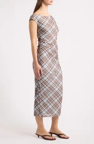 PETAL & PUP Clea Off The Shoulder Mesh Midi Dress - Blue Plaid