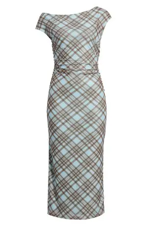 PETAL & PUP Clea Off The Shoulder Mesh Midi Dress - Blue Plaid
