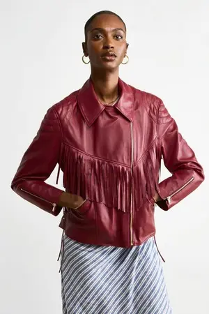FURNIQ UK Dakota Fringed Leather Jacket - Light Burgundy