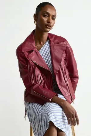 FURNIQ UK Dakota Fringed Leather Jacket - Light Burgundy