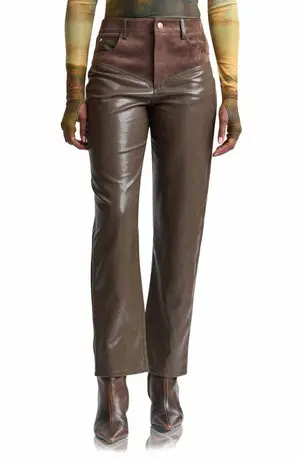 Avec Les Filles High Waist Yoke Slim Faux Leather Pants - Olive