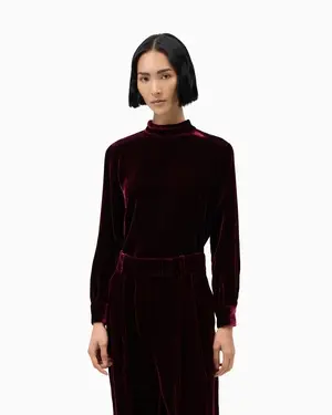 Giorgio Armani Blouse In Velvet With Stand-up Collar And Ribbons - Burgundy