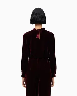 Giorgio Armani Blouse In Velvet With Stand-up Collar And Ribbons - Burgundy