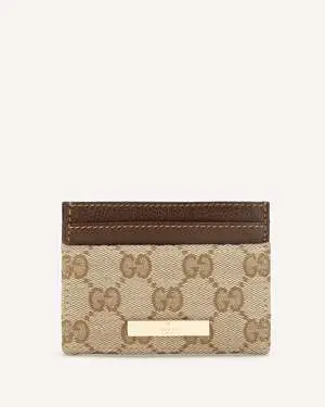 Gucci Gg Monogram Card Holder With Logo Plaque - Beige