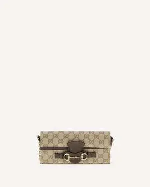 Gucci Gg Fabric Chain Wallet With Horsebit - Beige
