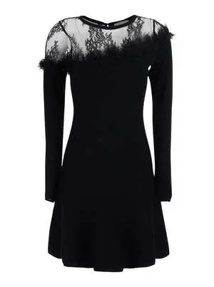 Blumarine Dress With Long Sleeves And Round Neckline In Black Virgin Wool For - Multicolor