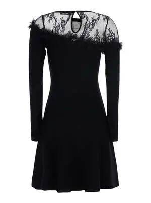Blumarine Dress With Long Sleeves And Round Neckline In Black Virgin Wool For - Multicolor