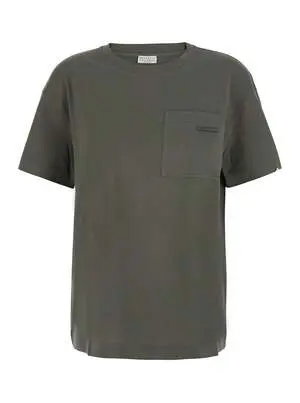 Brunello Cucinelli T-shirt With Monile Detail Applied On The Front In Cotton For - Green