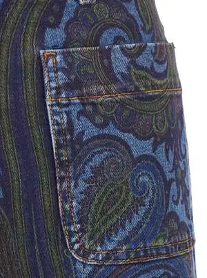 Etro Blue Jeans With Patch Logo On The Back And All-over Print In Denim