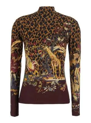 Etro Brown High-neck Sweater With Animal Motif All-over In Wool Blend - Multicolor