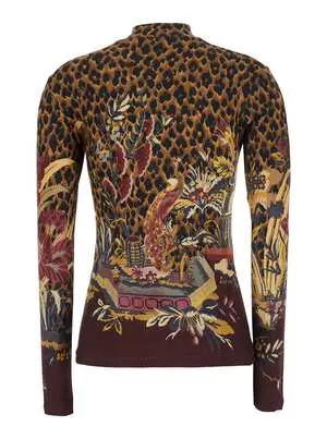Etro Brown High-neck Sweater With Animal Motif All-over In Wool Blend - Multicolor