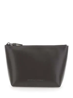 Brunello Cucinelli Brown Beauty Case With Embossed Logo Lettering On The Front In Leather - Multicolor