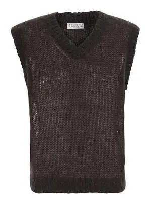Brunello Cucinelli Brown Sleeveless Top With V-neck And Monile Detail In Blend Wool For - Multicolor