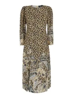 Etro Brown Round Neck Dress With Floral Animalier Print In Tech Fabric - Multicolor