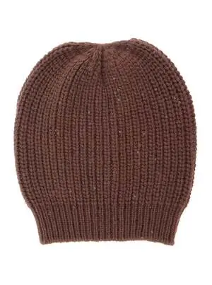 Brunello Cucinelli Brown Knitted Beanie With Applied Sequins In Cashmere And Silk