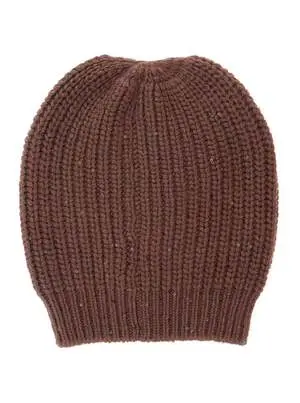 Brunello Cucinelli Brown Knitted Beanie With Applied Sequins In Cashmere And Silk