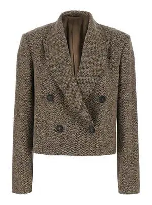 Brunello Cucinelli Beige Crop Jacket With Peak Revers In Virgin Wool Blend For