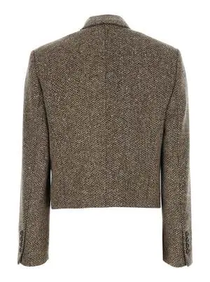 Brunello Cucinelli Beige Crop Jacket With Peak Revers In Virgin Wool Blend For