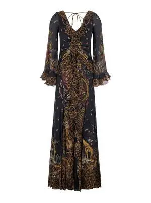 Etro Brown Long Dress With V-neck And Ruffled Sleeves In Tech Fabric - Multicolor