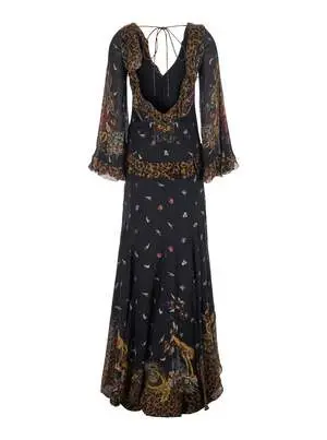 Etro Brown Long Dress With V-neck And Ruffled Sleeves In Tech Fabric - Multicolor
