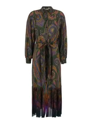 Etro Brown Midi Dress With Classic Collar And All-over Paisley Motif In Viscose For - Multicolor