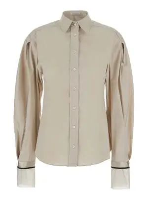 Brunello Cucinelli Beige Shirt With Monili Decorations On The Cuffs In Cotton Poplin