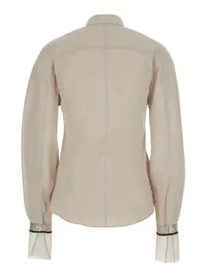 Brunello Cucinelli Beige Shirt With Monili Decorations On The Cuffs In Cotton Poplin