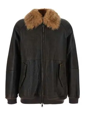 Brunello Cucinelli Brown Jacket With Fur Collar And Monil Zipper Pull In Leather For
