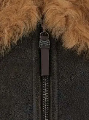 Brunello Cucinelli Brown Jacket With Fur Collar And Monil Zipper Pull In Leather For