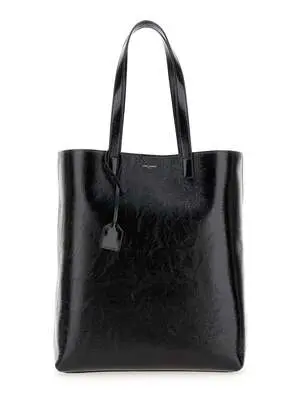 Saint Laurent Bold' Tote Bag With Embossed Logo In Coated Crinkled Leather - Black