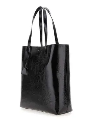 Saint Laurent Bold' Tote Bag With Embossed Logo In Coated Crinkled Leather - Black