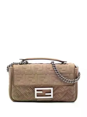 Fendi 2010-2026 Zucca Embossed Technical Fabric Chain Midi Baguette Shoulder Bag - Neutrals