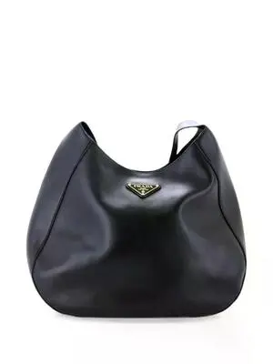 Prada Triangle Logo Curved City Calf Large Hobo Bag - Black