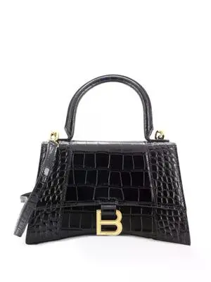 Balenciaga Hourglass Top Handle Bag Crocodile Embossed Leather Small Crossbody Bag - Black
