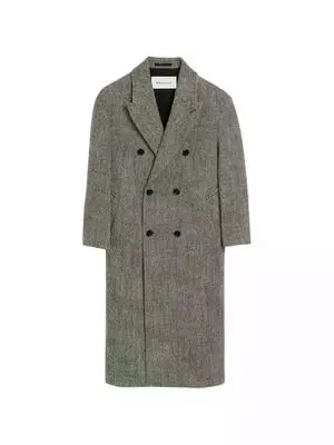 AMI Paris Long Double Breasted Wool Herringbone Coat - Grey