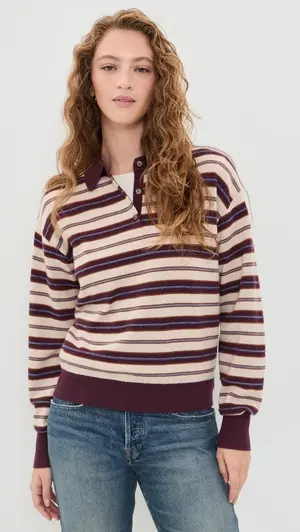 Guest In Residence Collegiate Stripe Cashmere Polo Pullover