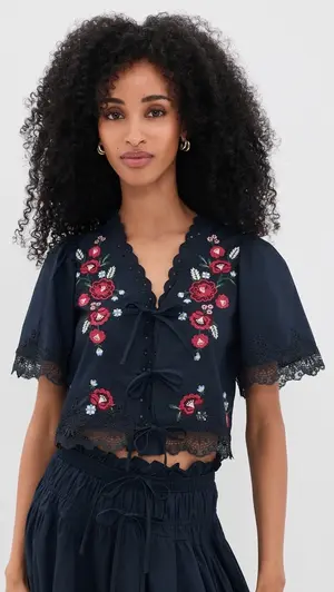 Moon River Embroidered Floral Tie Front Blouse