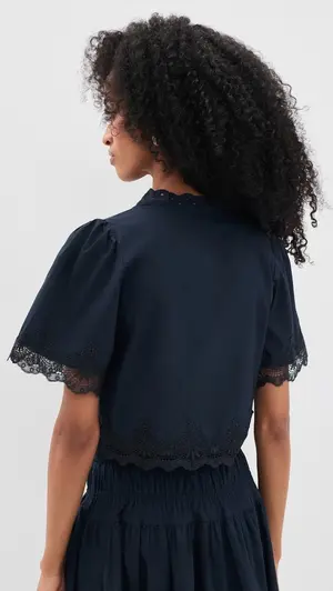 Moon River Embroidered Floral Tie Front Blouse