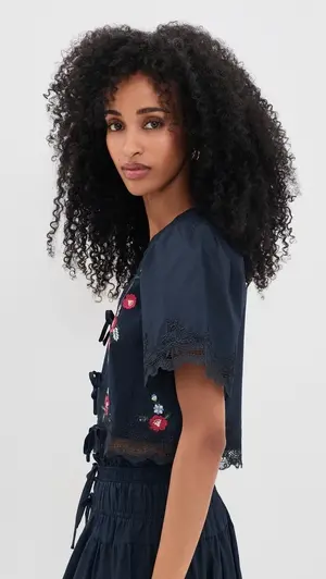 Moon River Embroidered Floral Tie Front Blouse