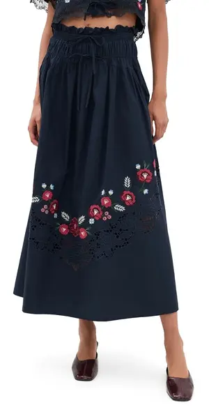 Moon River Embroidered Floral Elasticated Midi Skirt - Navy